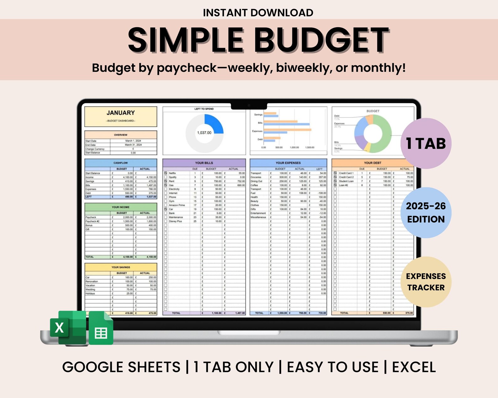 Simple Budget Budget Planner Spreadsheet Monthly Budget for Google ...