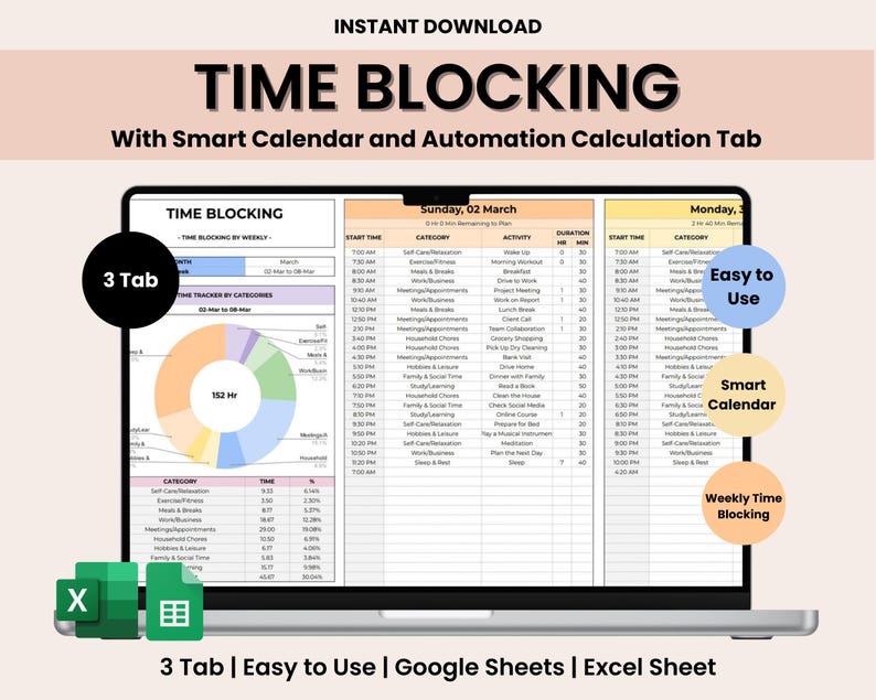 Weekly Time Blocking Planner Spreadsheet 24 Hour Weekly Schedule ...