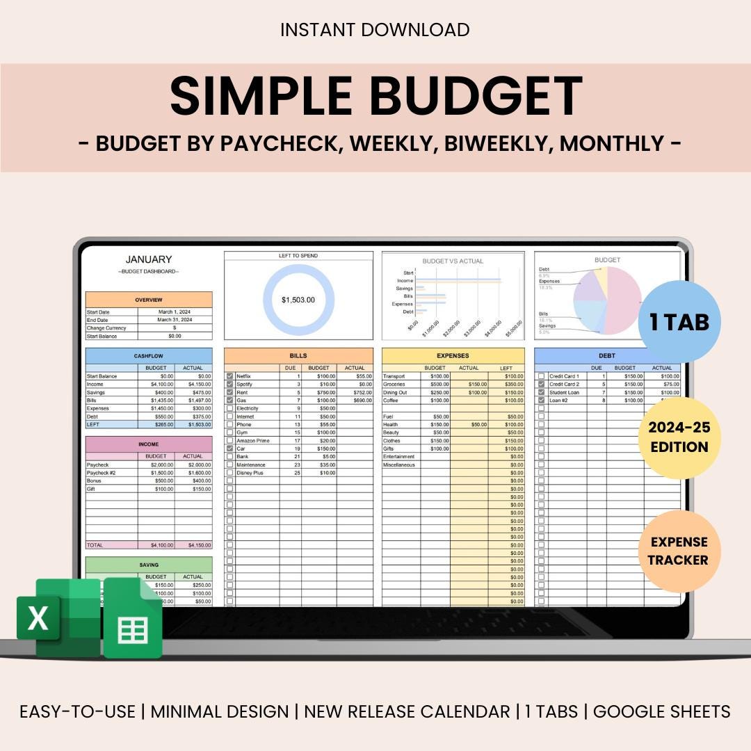 Simple Budget Budget Planner Spreadsheet Monthly Budget for Google ...