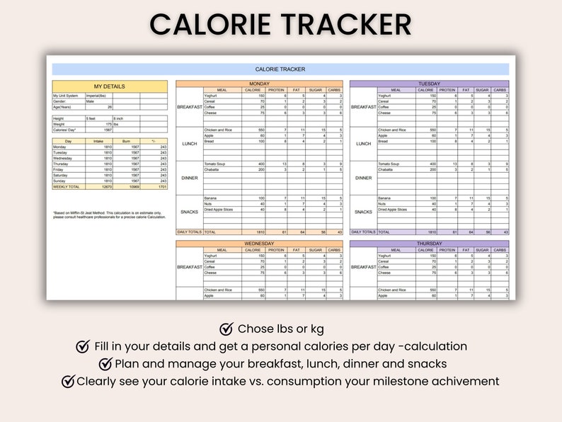 Weight Loss Tracker Google Sheets Template Calorie Tracker Meal Planner ...
