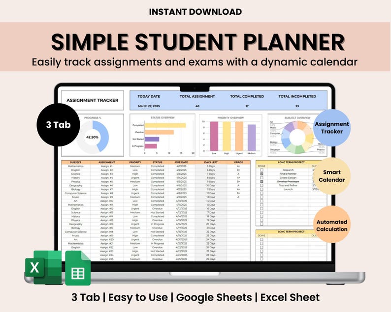 Student Planner Spreadsheet, School Assignment Tracker Google Sheets ...