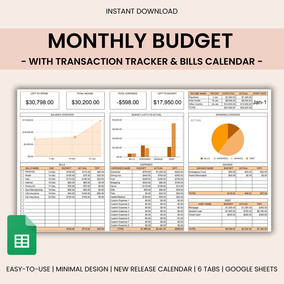 Monthly Budget Planner Spreadsheet Monthly Budget for Google Sheets ...