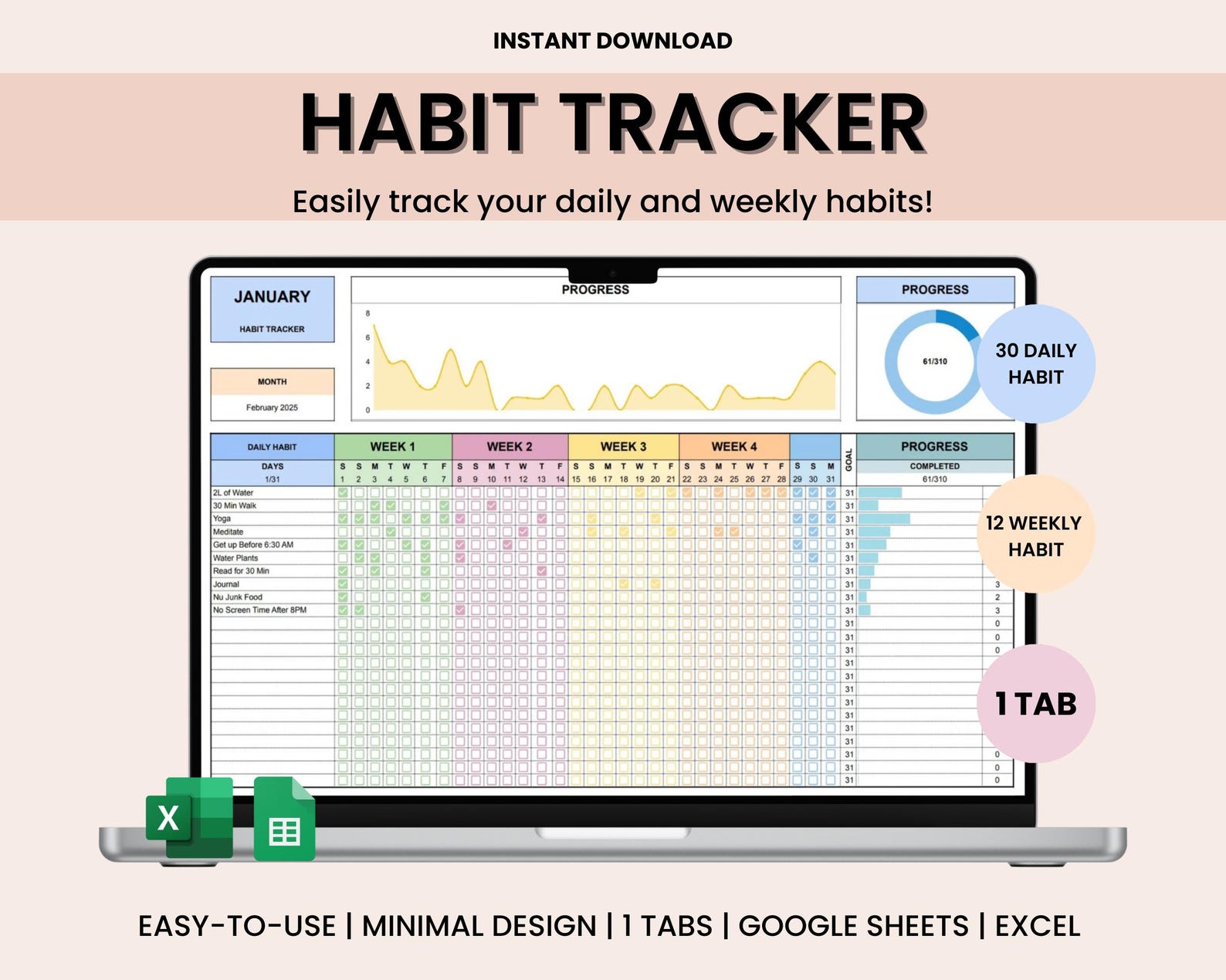 Habit Tracker Spreadsheet for Google Sheets, Daily Routine Tracker ...