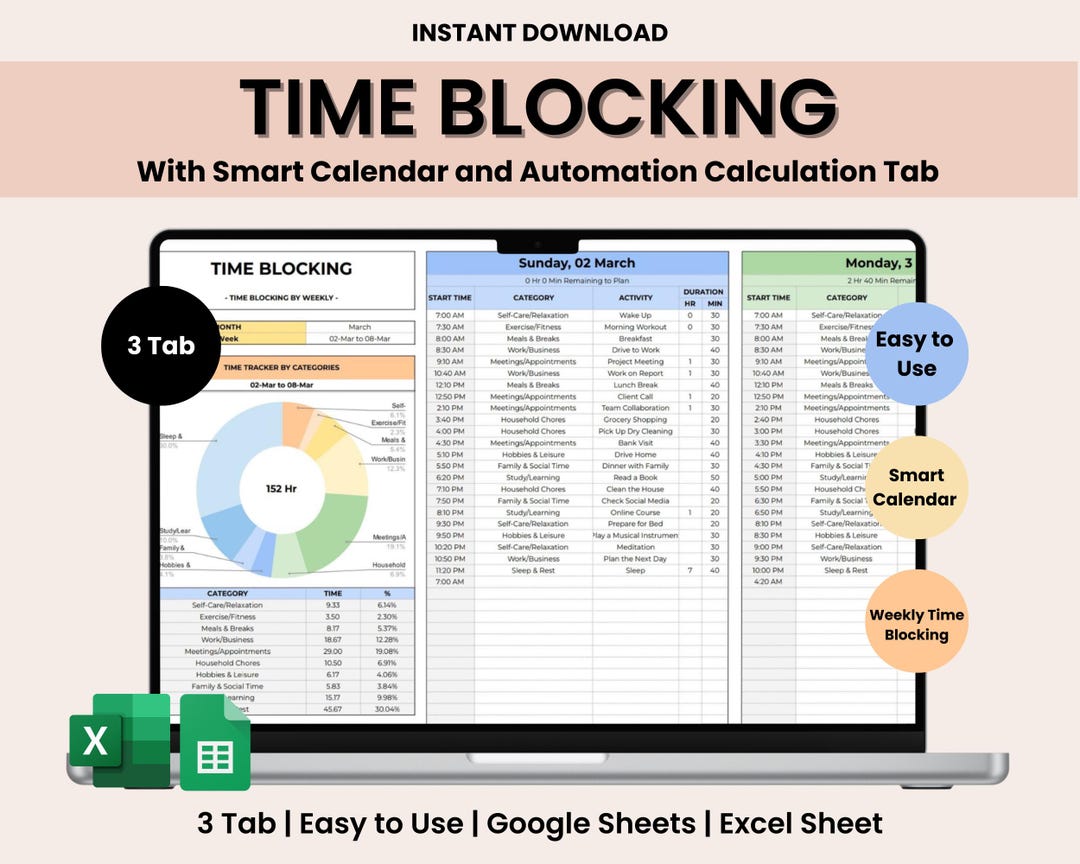 Weekly Time Blocking Planner Spreadsheet 24 Hour Weekly Schedule ...