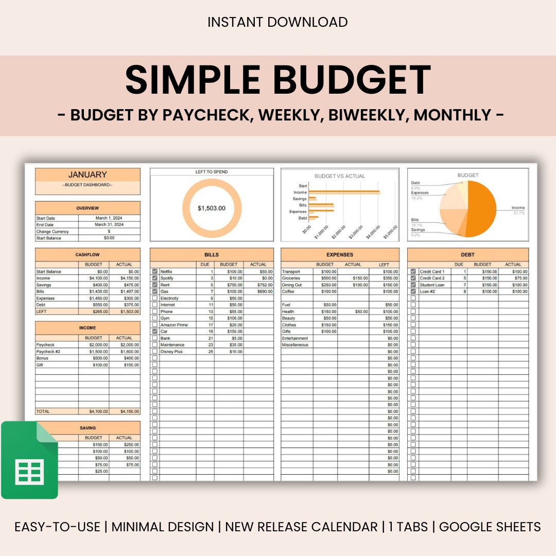 Simple Budget Planner Spreadsheet Monthly Budget for Google Sheets ...