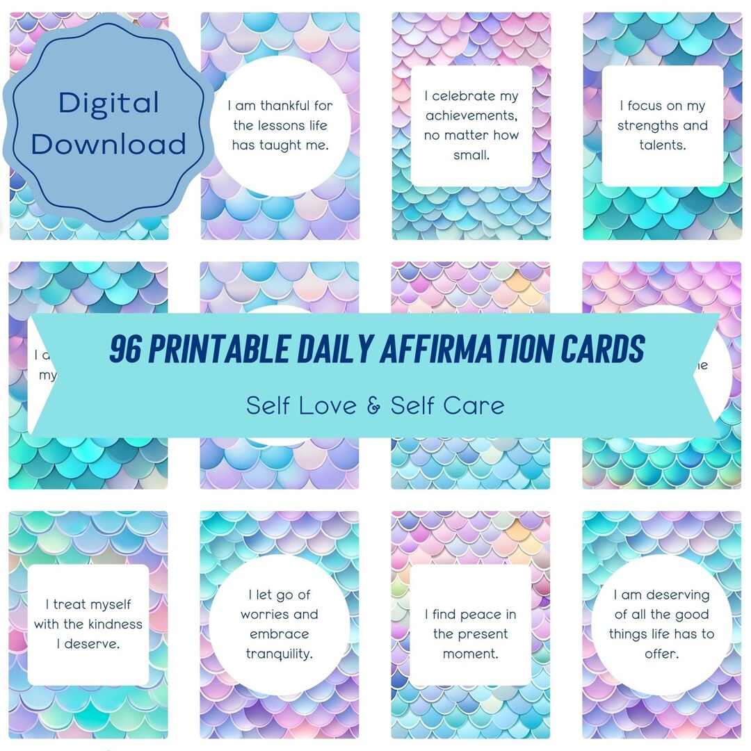 Printable Pastel Mermaid Daily Affirmation Cards - 96 Self Love & Self ...