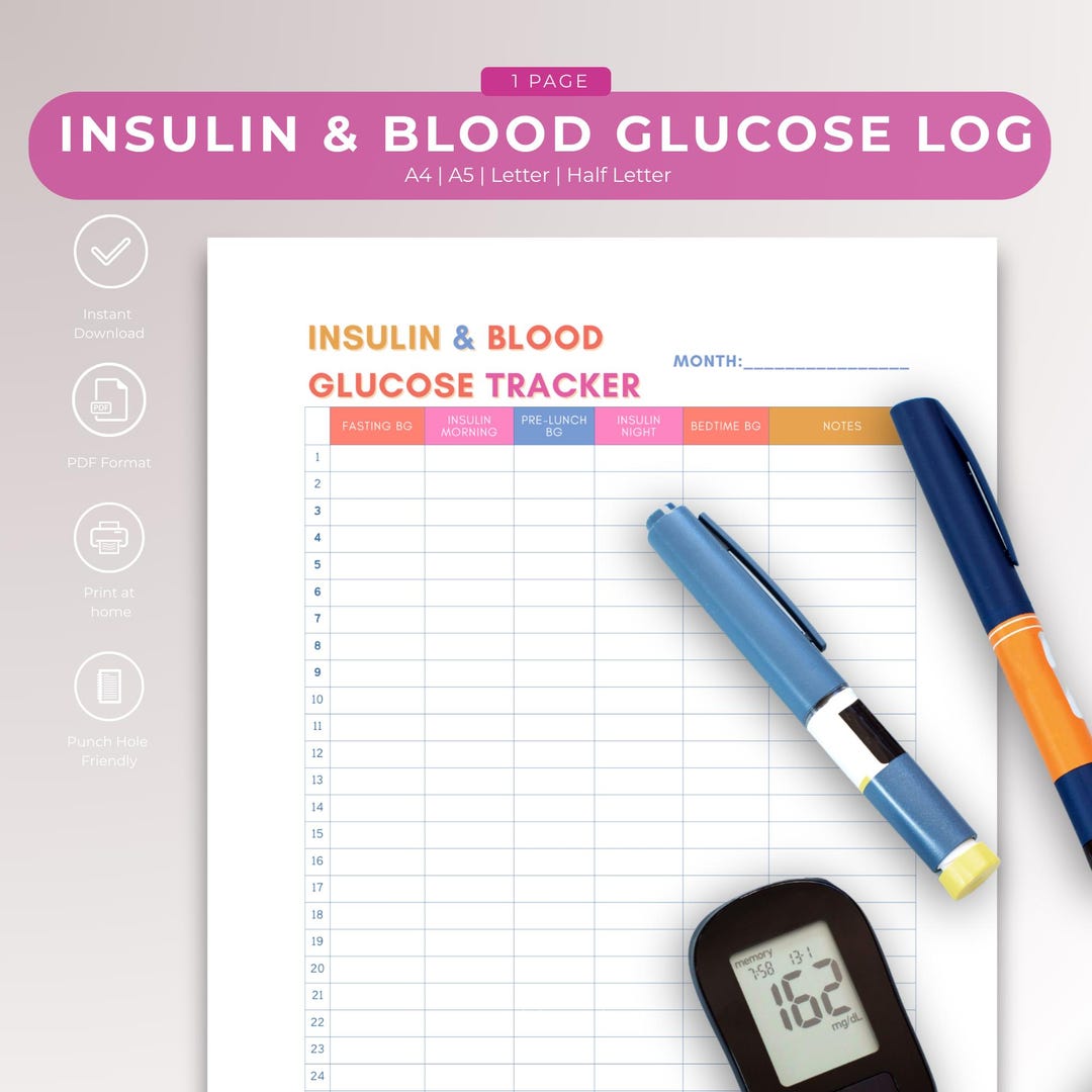 Monthly Blood Sugar and Insulin Log, Printable Template Glucose Tracker ...