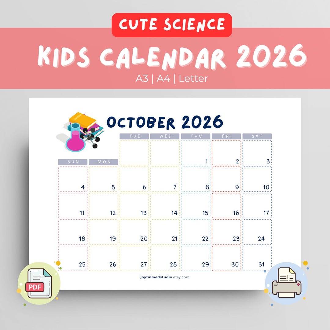 Cute Printable Kids Calendar 2026, Science Themed, Print at Home ...