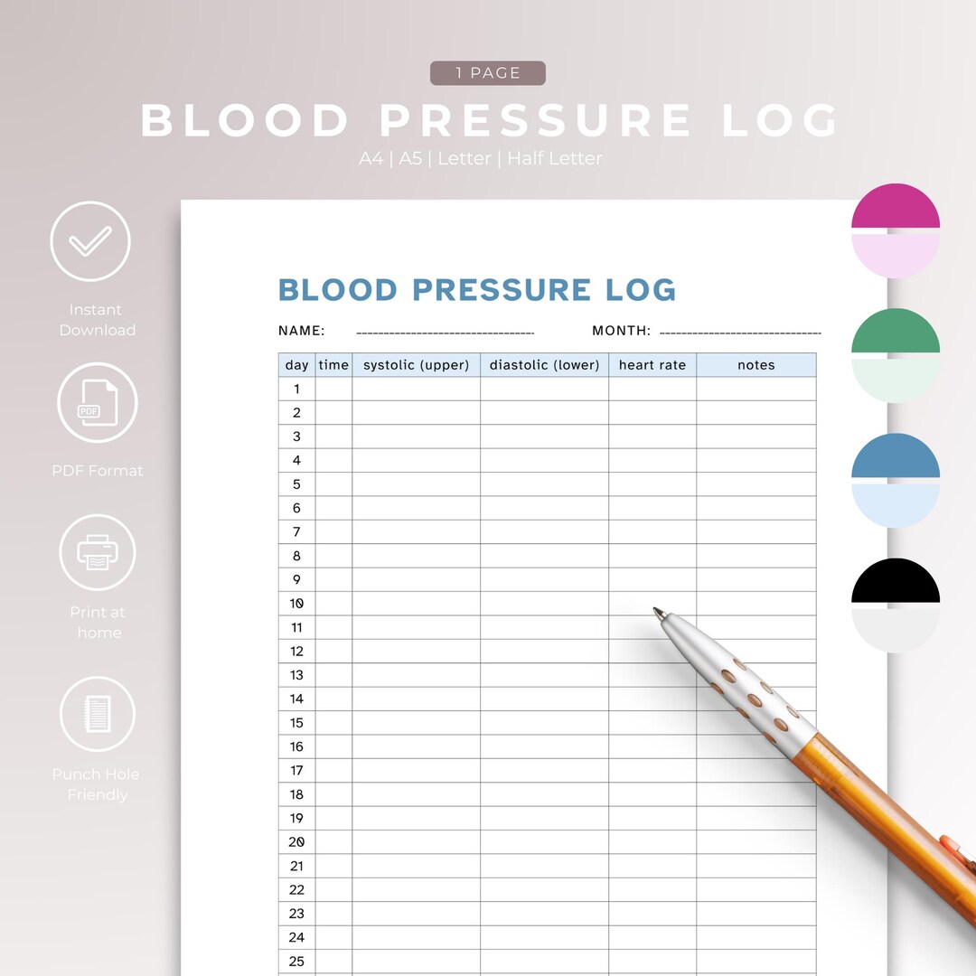 Blood Pressure Tracker, Printable Journal Page, BP Log, Hypertension ...