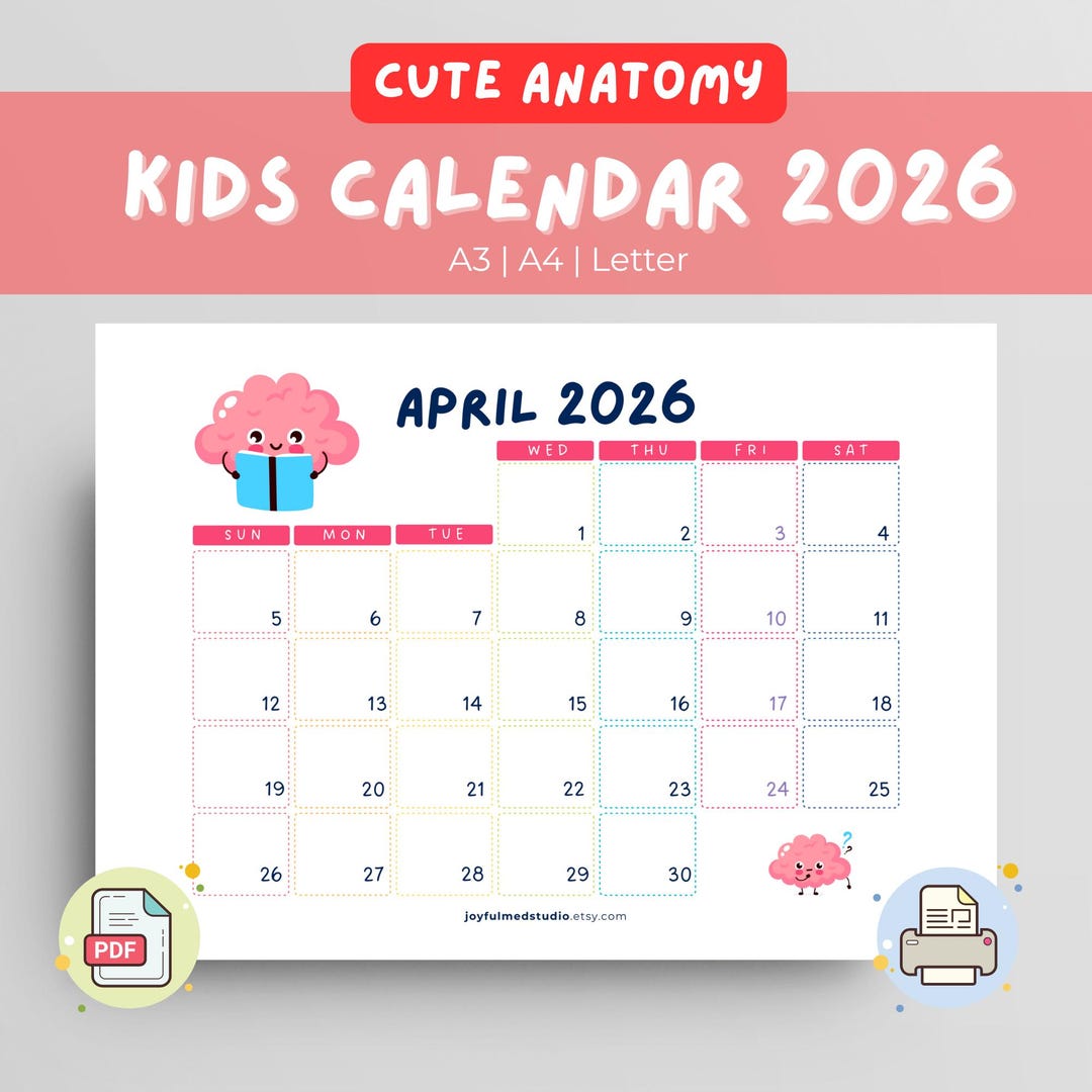Cute Printable Kids Calendar 2026, Anatomy Themed, Print at Home ...