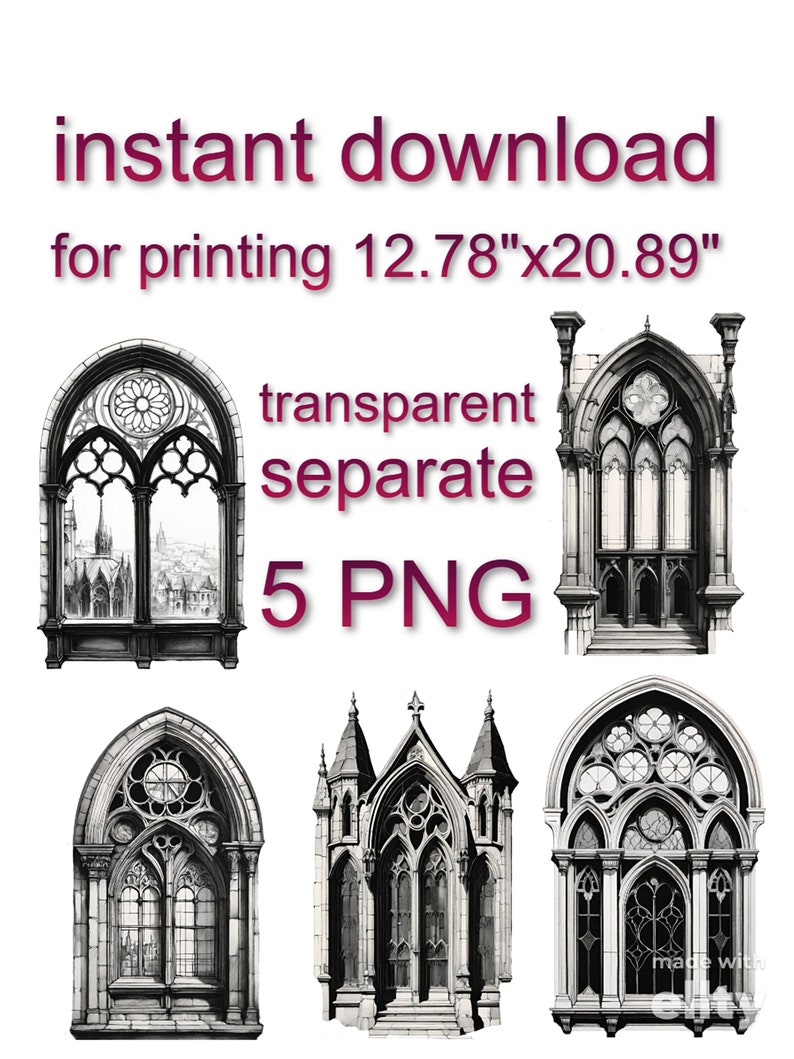 5 Black and White Gothic Cathedral Antique Old Medieval Windows on ...