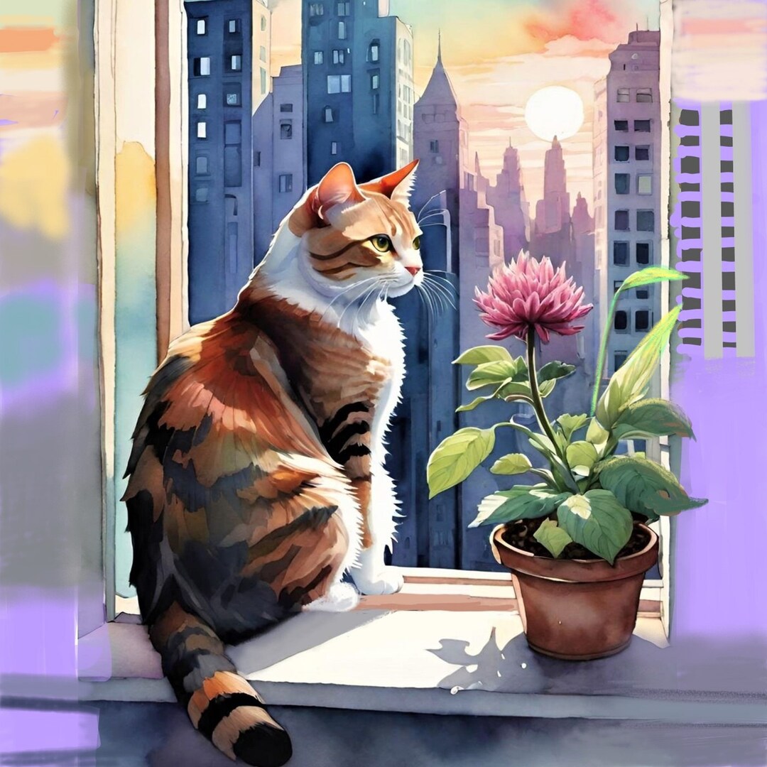 Watercolor for the Home Cat on the Window in the Metropolis Positive ...