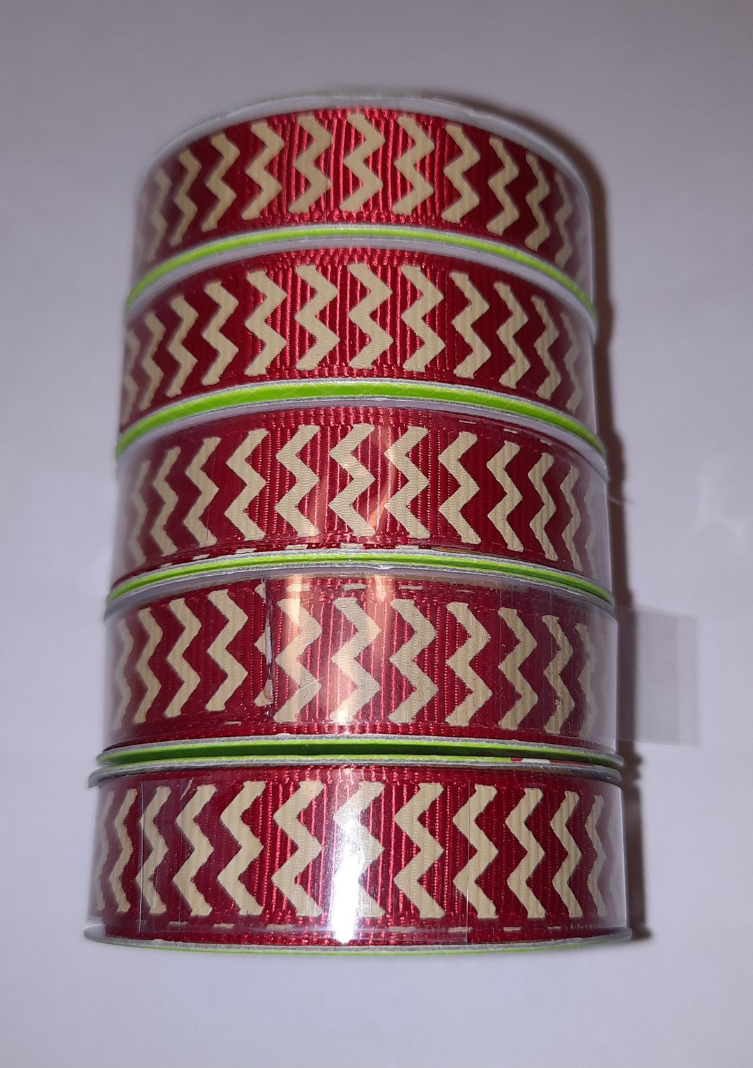 5 New Rolls of Adhesive Ribbon Grosgrain Red With off White Zigzag ...