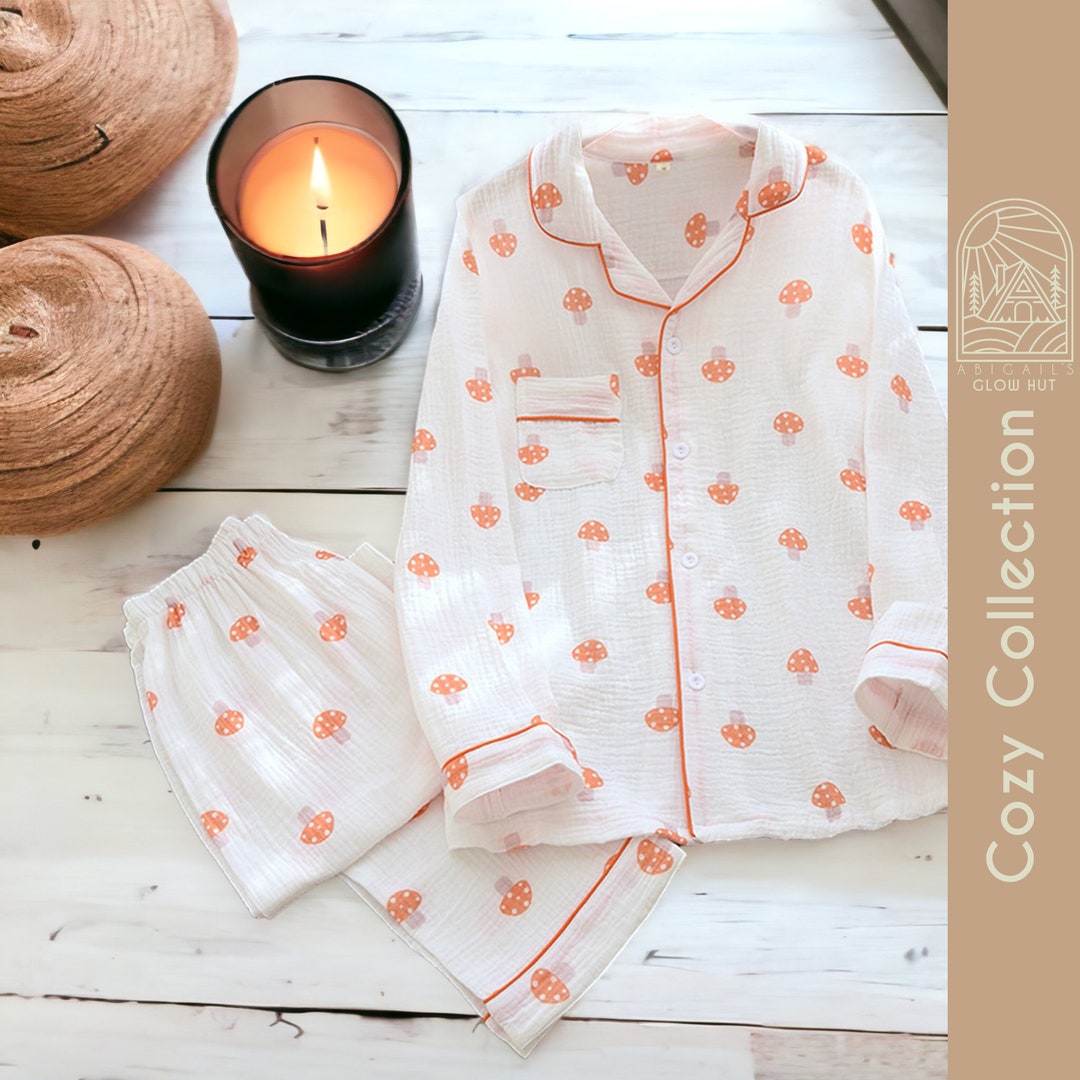 Pink Mushroom Print Pyjama Set White PJ Top and Bottoms Set Cottagecore ...