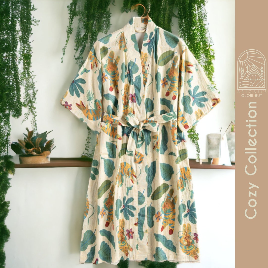 Jungle Print Kimono Robe Green Cotton Dressing Gown Safari Tiger Print ...