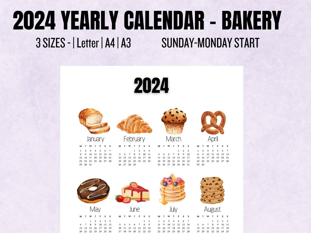 2024 Yearly Calendar Bakery Cafe Portrait Sunday & Monday Start A3, A4 ...