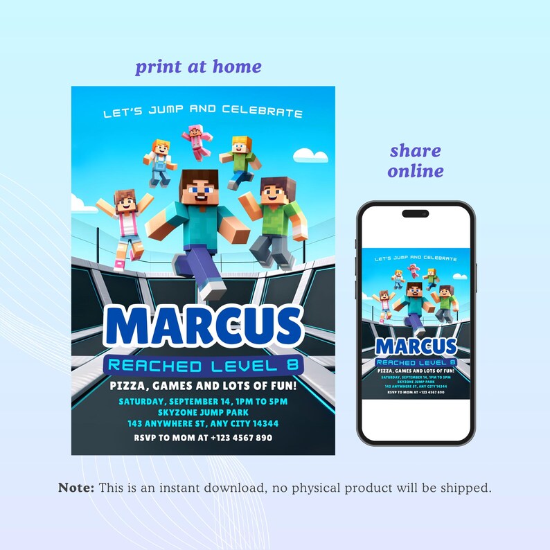 Minecrafter Birthday, Jump Party Invitation Template, Sky Zone ...