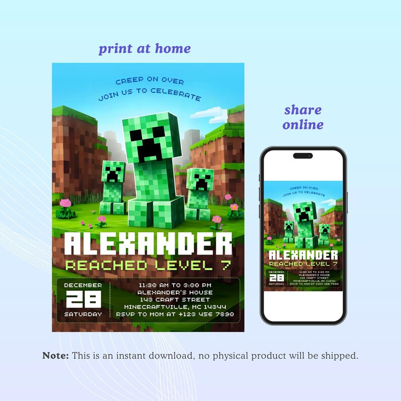 Minecrafter Birthday Invitations, Minecrafter Birthday, Creeper ...