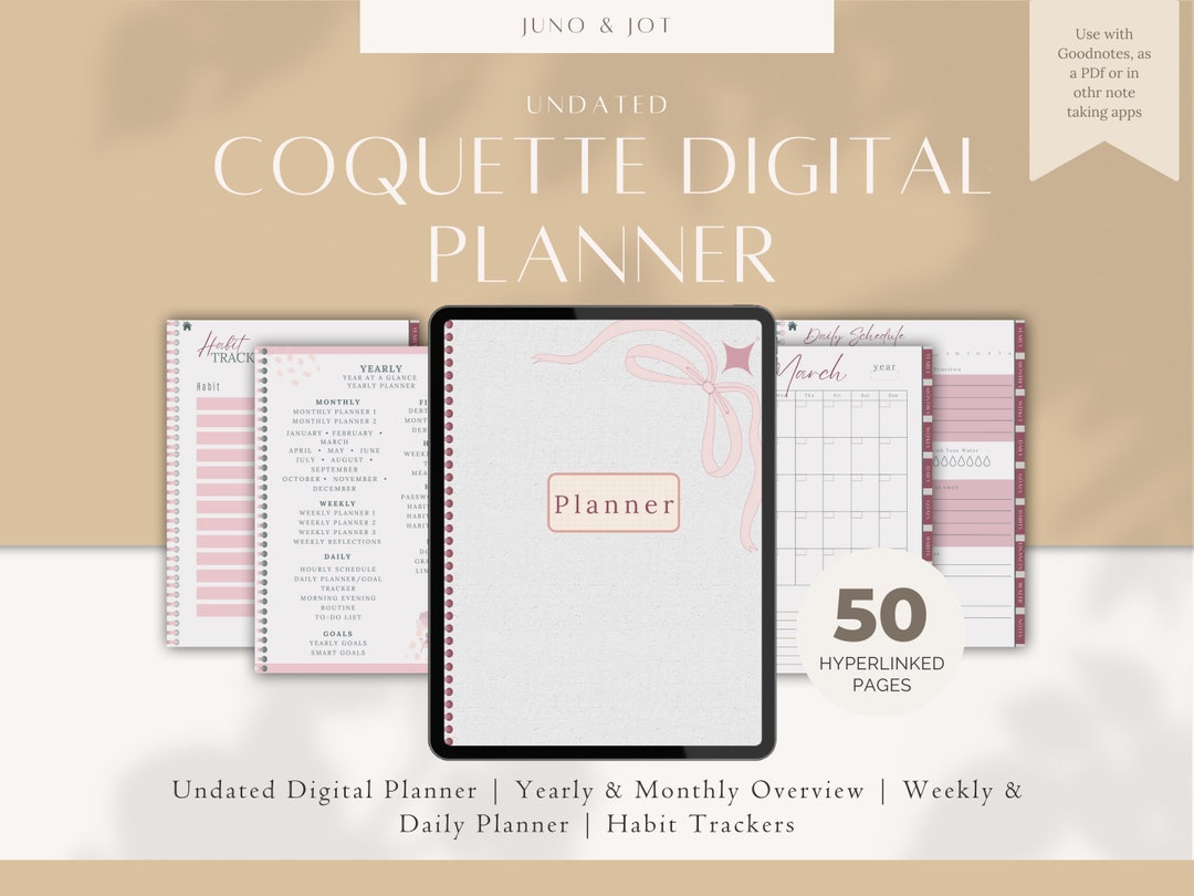 Pink Coquette Digital Planner, Cute Bow Journal, Flower Calendar ...