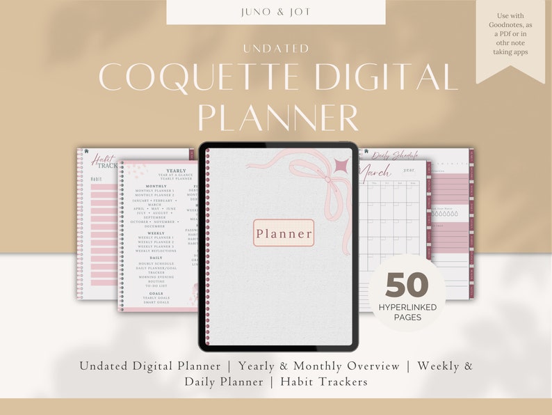 Pink Coquette Digital Planner, Cute Bow Journal, Flower Calendar ...