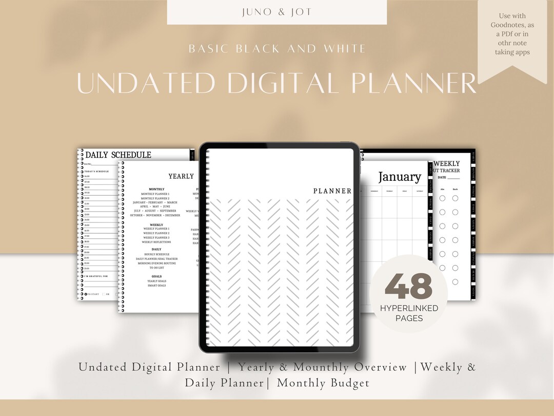 Classic Black and White Digital Planner, Undated Digital Planner ...