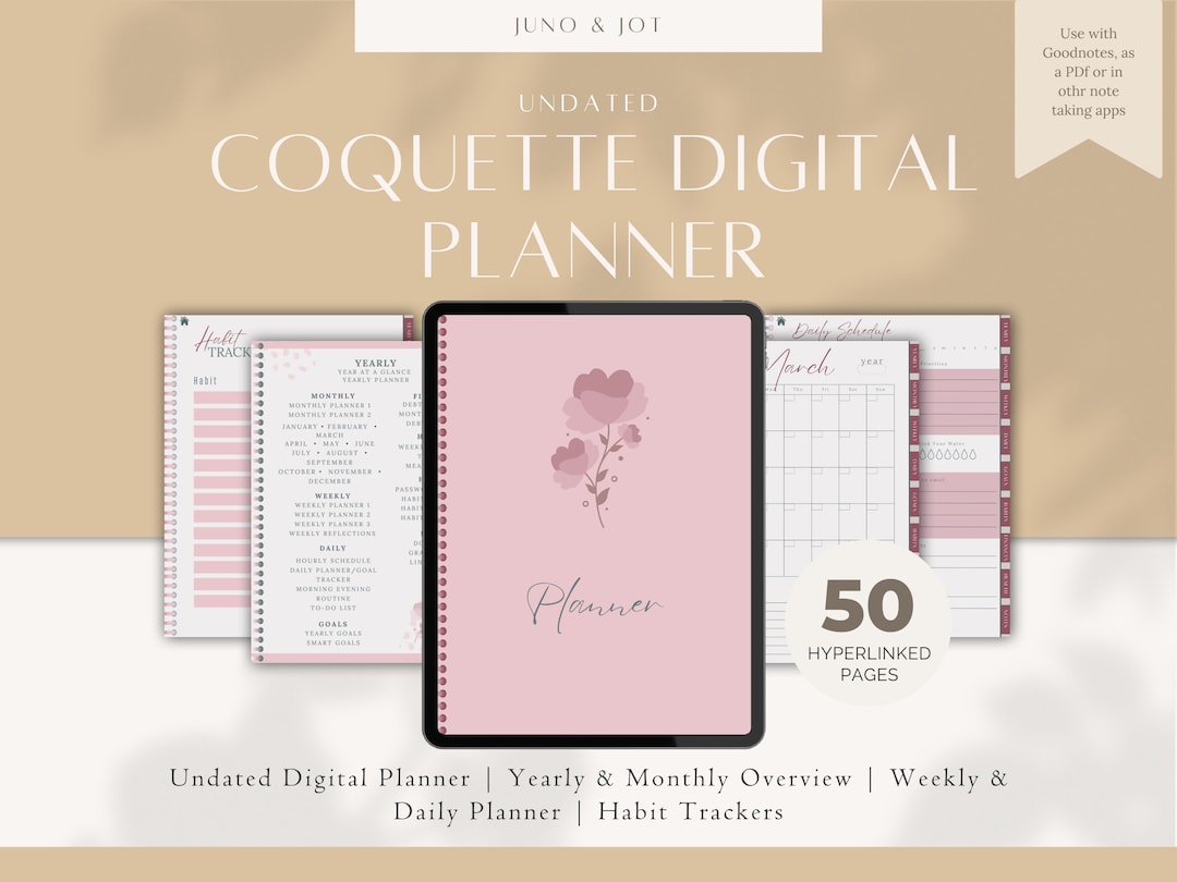 Coquette Digital Planner, Cute Floral Journal, Portrait Digital Planner ...
