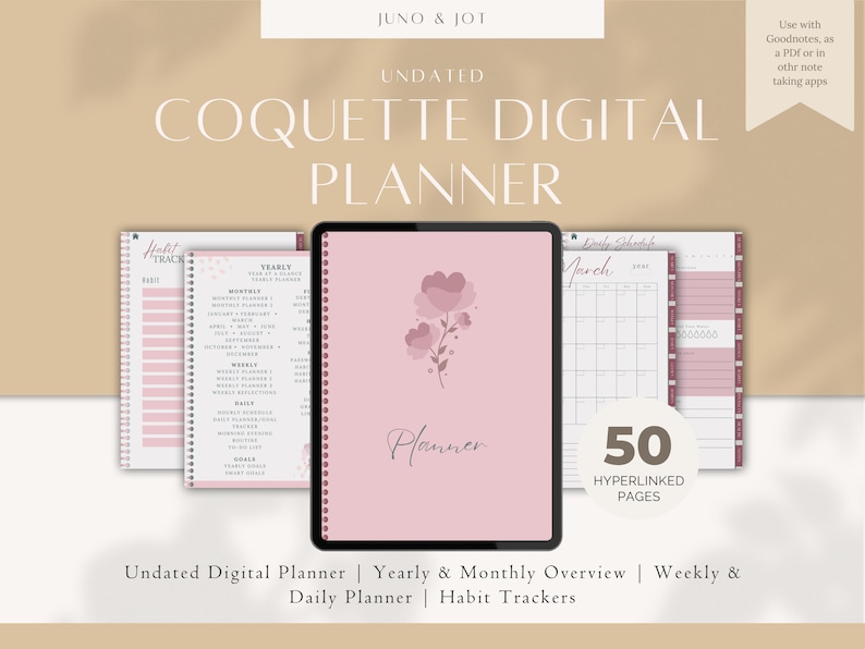 Coquette Digital Planner, Floral Pink Journal, Undated (PDF) - Etsy
