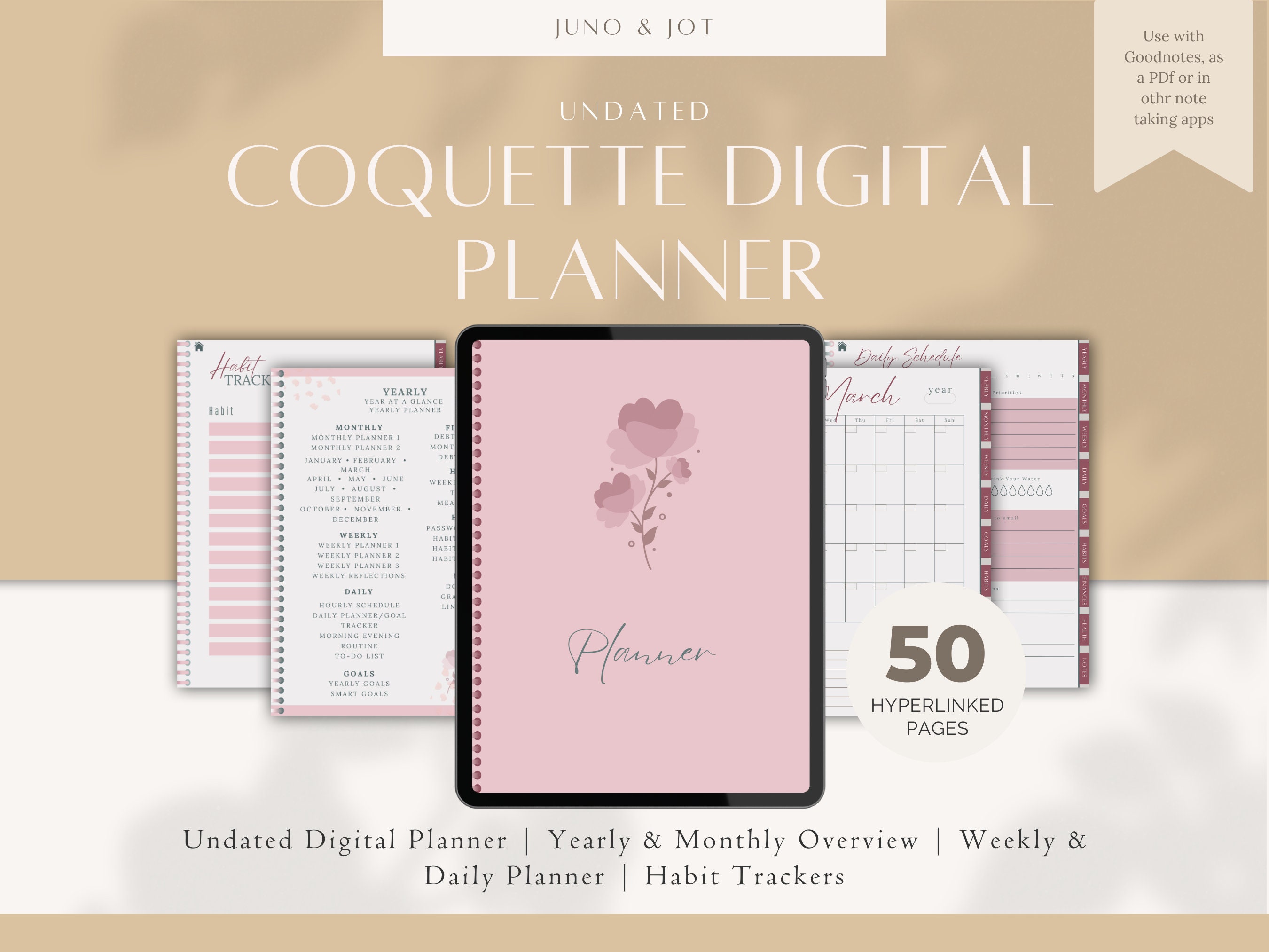Coquette Digital Planner, Cute Floral Journal, Portrait Digital Planner ...
