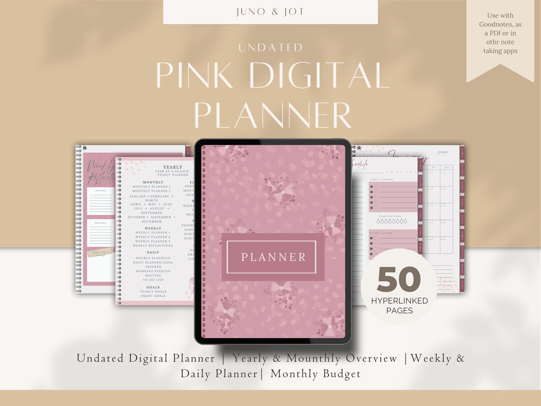 Pretty Pink Digital Planner, Cute Floral Journal, Butterfly Calendar ...