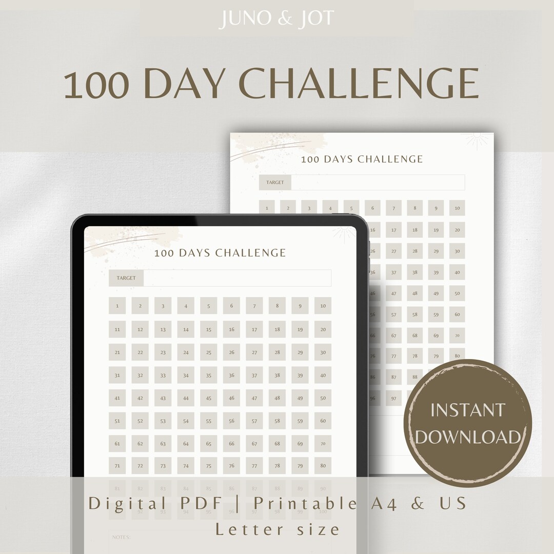 100 Day Challenge, Goal Setting, Progress Tracker, Habit Forming, A4/US ...