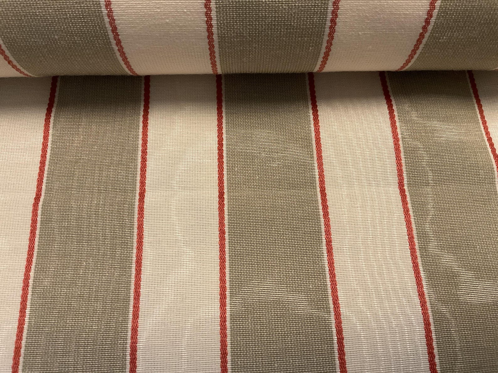 Striped Moire in Sage and White With Tiny Cherry Red Stripe. One Single ...
