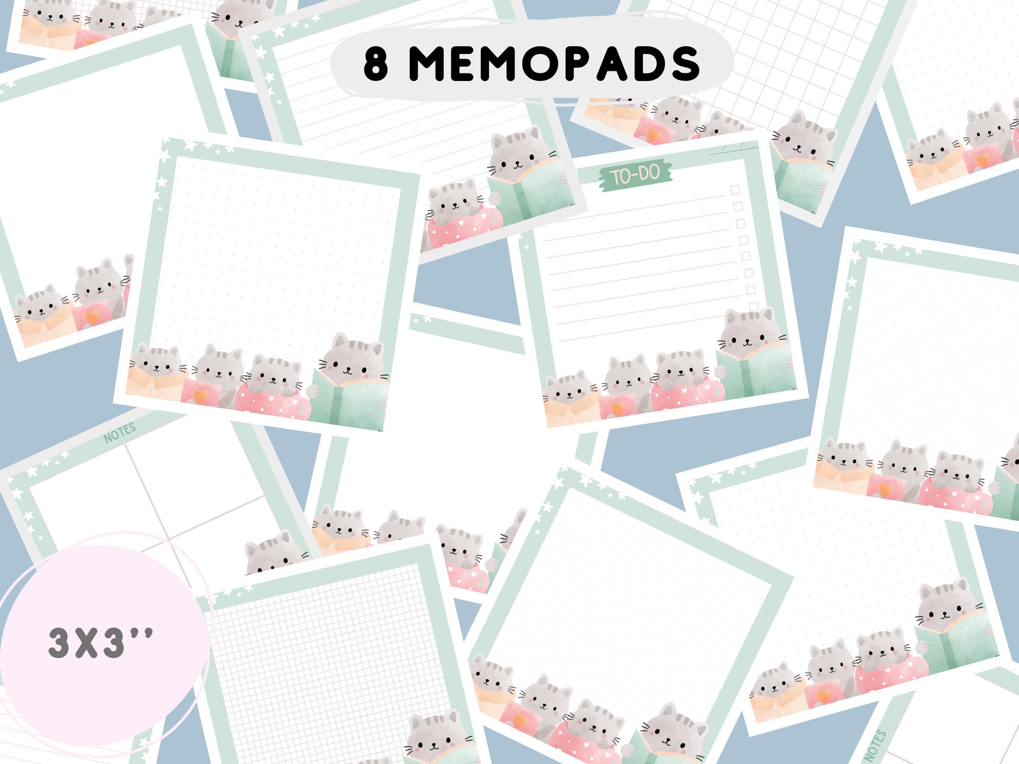 Digital Cute Cat Stationery Set 24 Notepads in 3 Sizes With 8 Templates ...