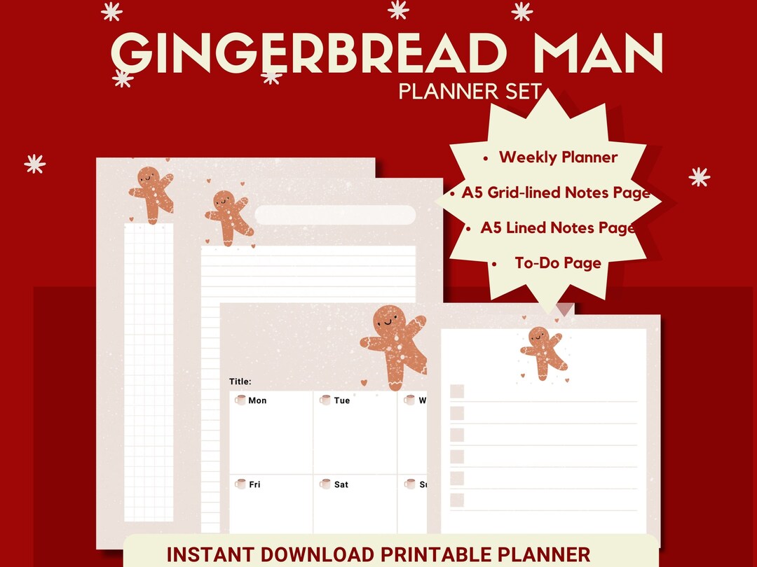 Gingerbread Man Planner Set Printable Weekly Organizer A5 Grid & Lined ...