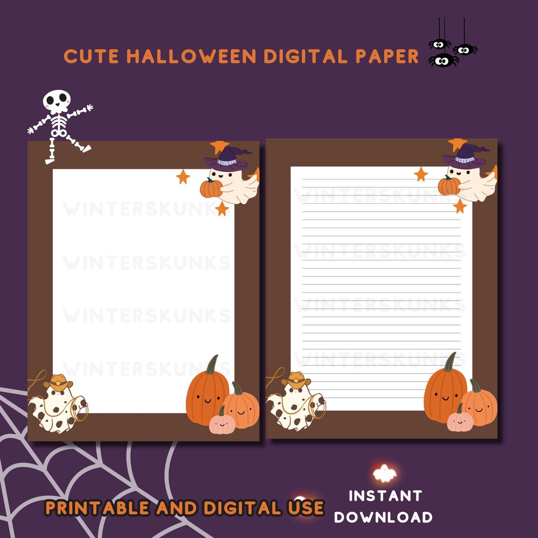 Cute Halloween Digital Notepaper - Printable Witch and Pumpkin Design ...