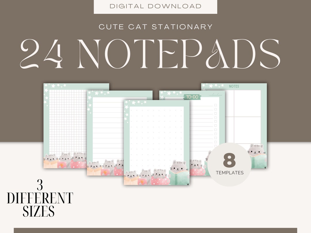 Digital Cute Cat Stationery Set 24 Notepads in 3 Sizes With 8 Templates ...