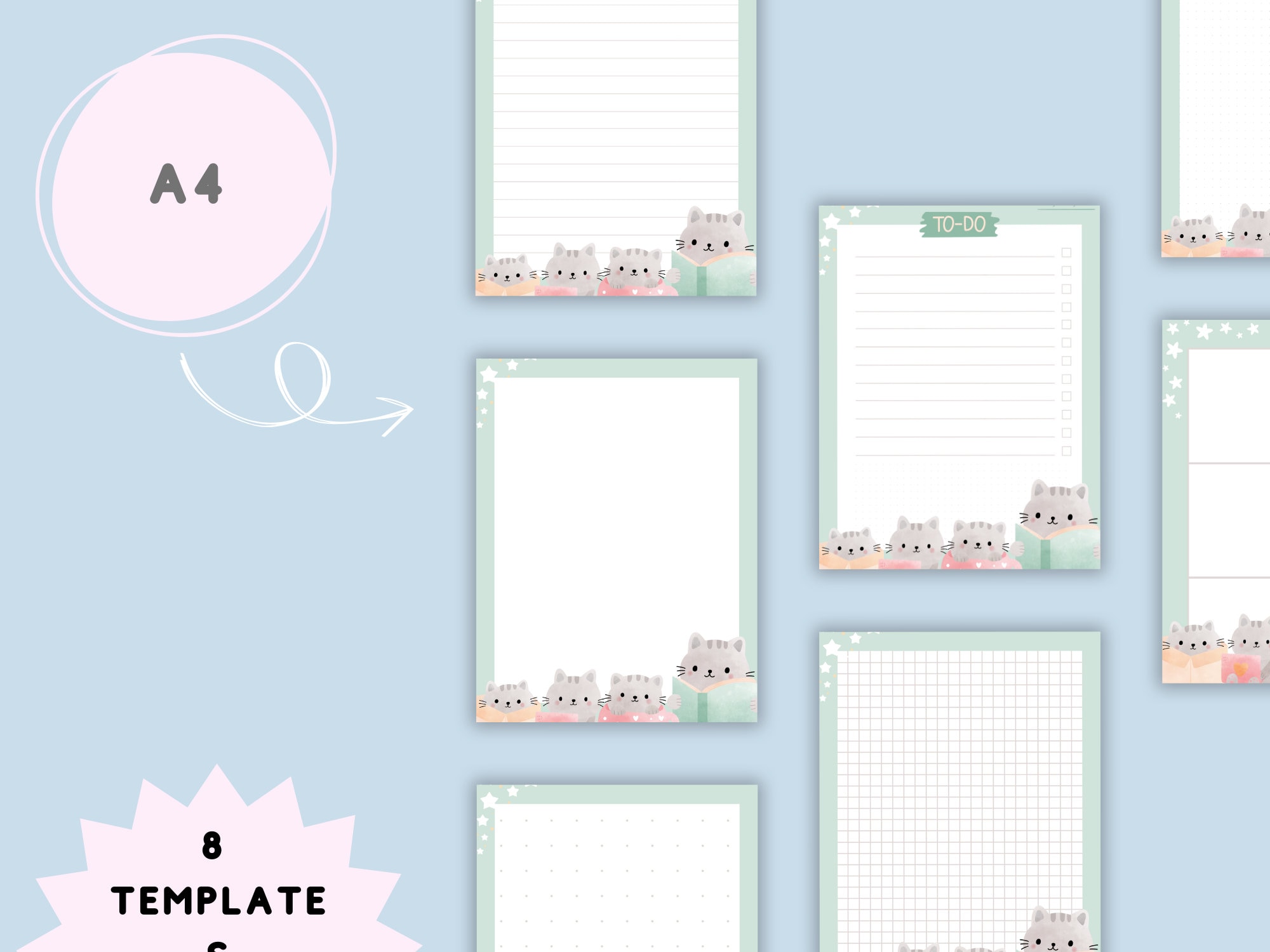 Digital Cute Cat Stationery Set 24 Notepads in 3 Sizes With 8 Templates ...