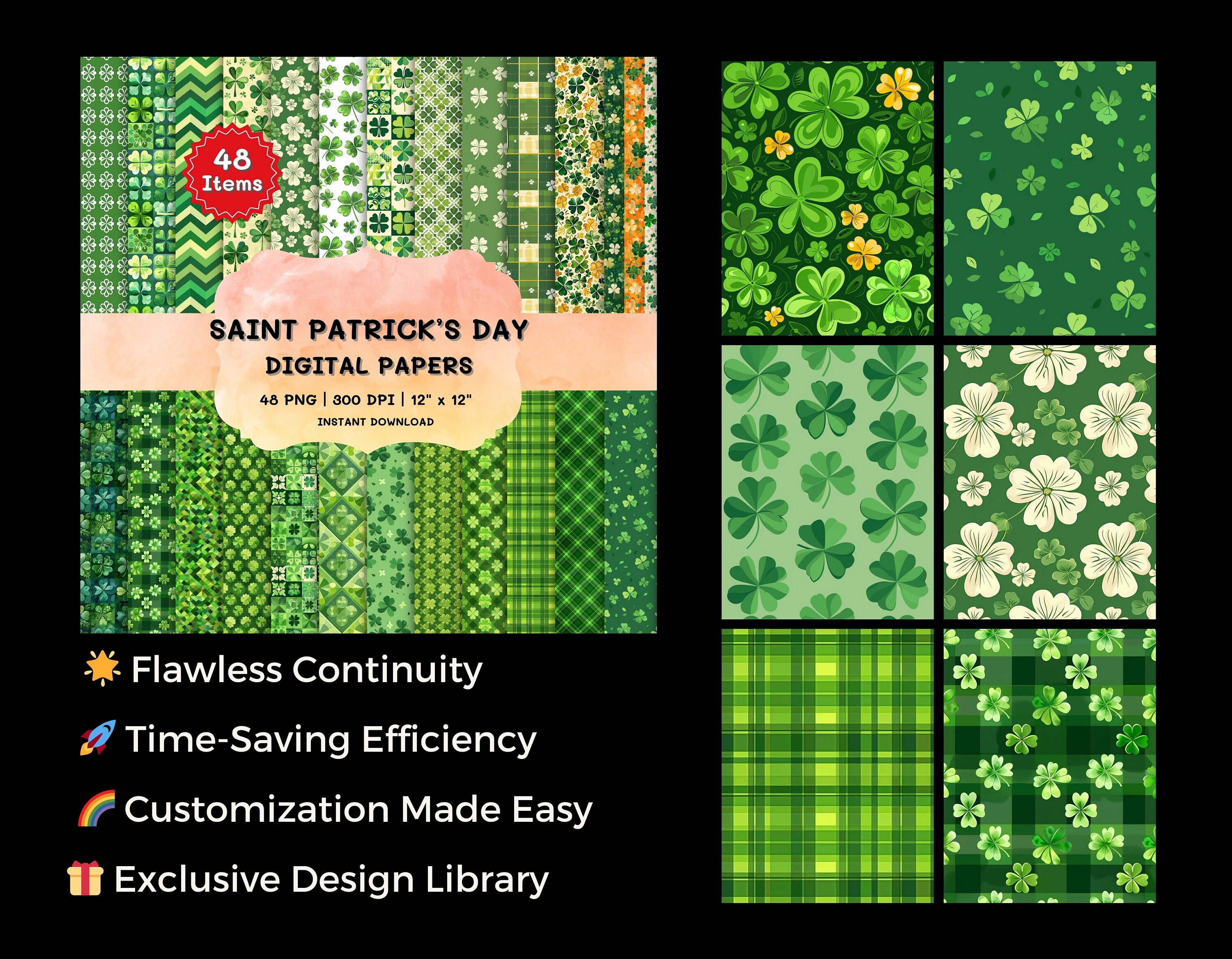 SP Patrick Day Digital Paper Shamrock Seamless Pattern Four Leaf Clover ...