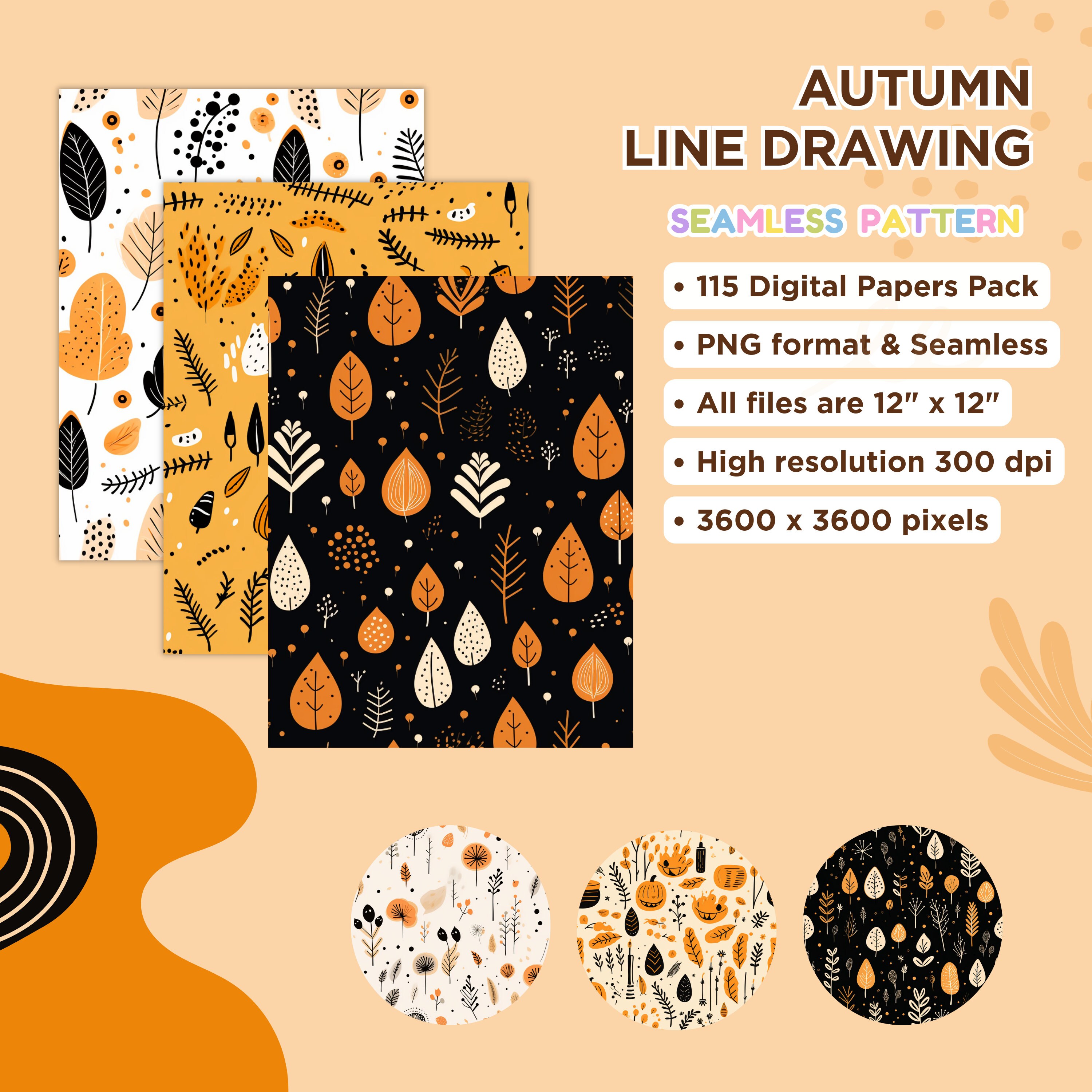 Autumn Line Drawing Seamless Patterns, Autumn Leaves Digital Papers PNG ...