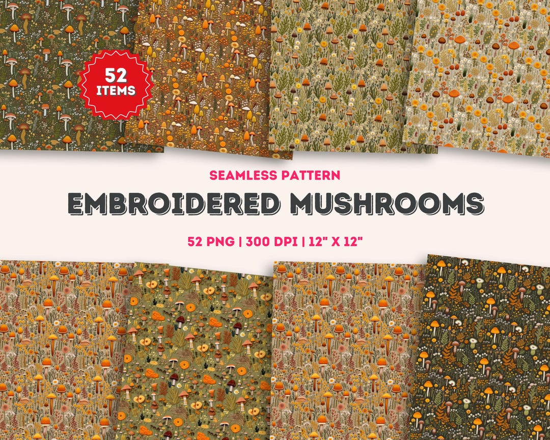 Embroidery Mushroom Seamless Patterns, Fall Mushroom Digital Papers ...