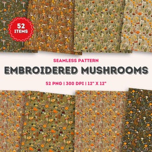 Embroidery Mushroom Seamless Patterns, Fall Mushroom Digital Papers ...