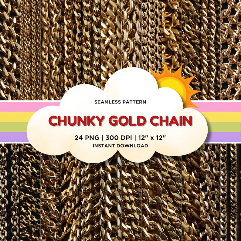 Chunky Gold Chain, Seamless Pattern, 24 Digital Papers, Gold Pattern ...