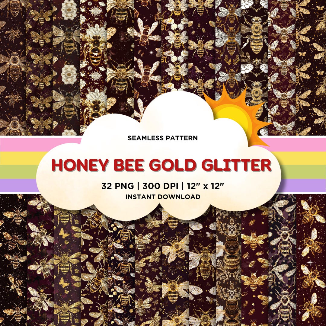 Honey Bee Seamless Pattern, Gold Glitter Digital Paper, Bee Background ...