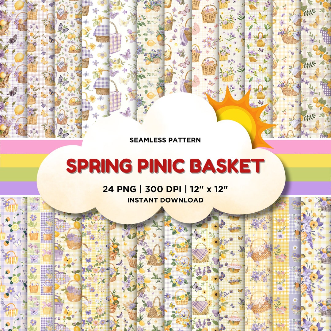 Spring Basket Digital Paper Picnic Seamless Pattern Spring Flowers PNG ...