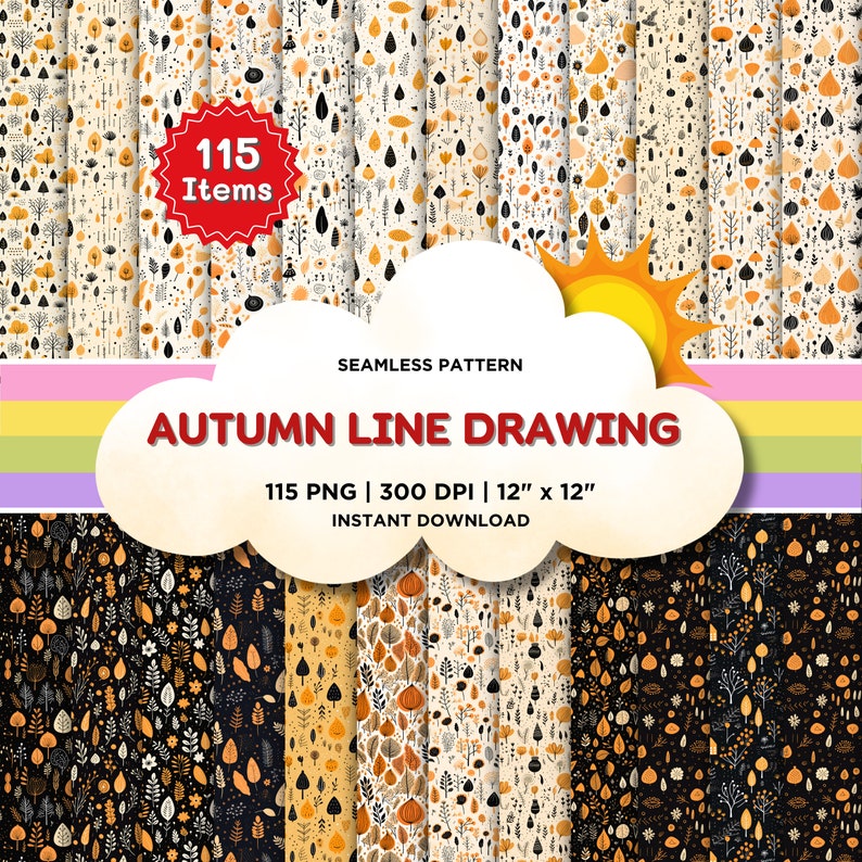 Autumn Line Drawing Seamless Patterns, Autumn Leaves Digital Papers PNG ...