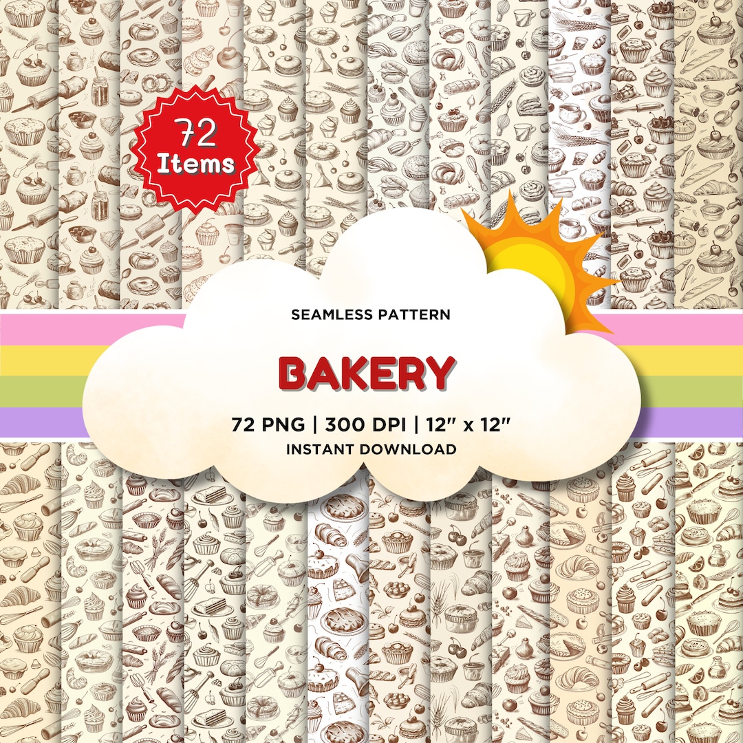 Vintage Bakery Sketches Seamless Pattern, Baking Digital Paper, Baker ...