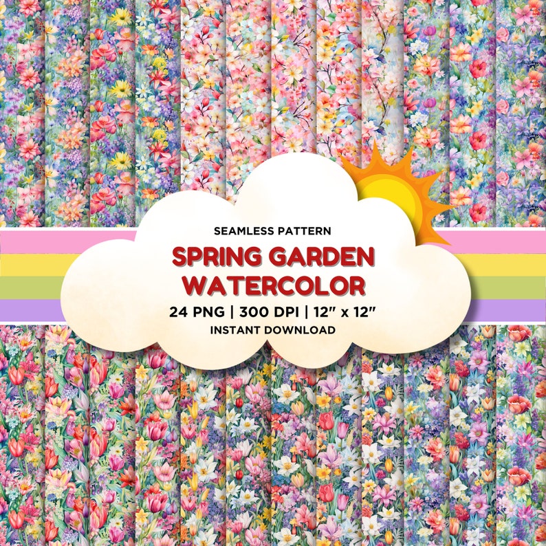 Spring Garden Watercolor Digital Paper Blossoming Spring Seamless ...