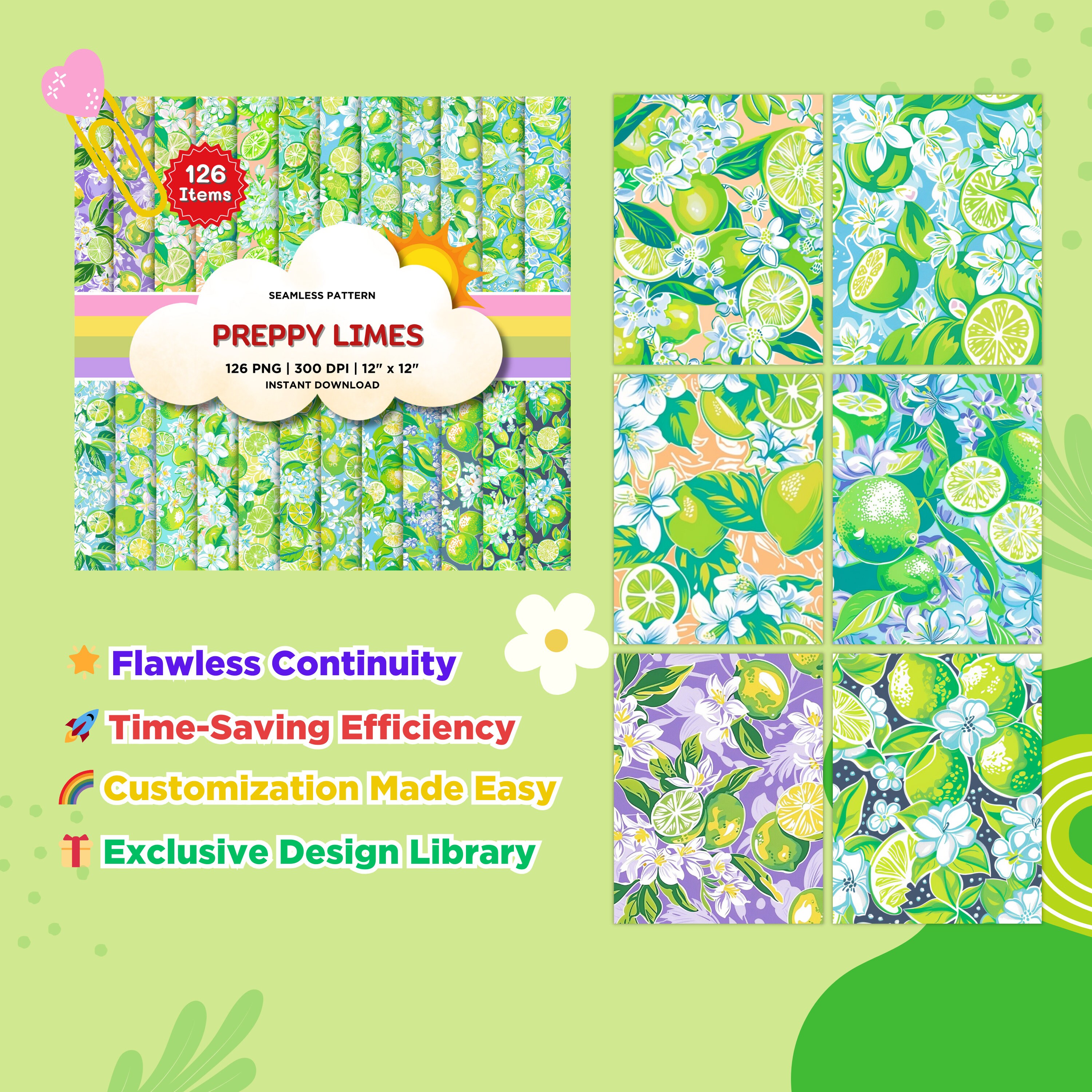 Preppy Limes Seamless Pattern, Summer Digital Paper Pack, Green Citrus ...