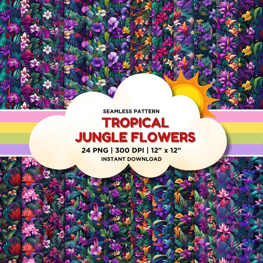 Tropical Jungle Flowers Seamless Pattern PNG Lush Green and Purple ...