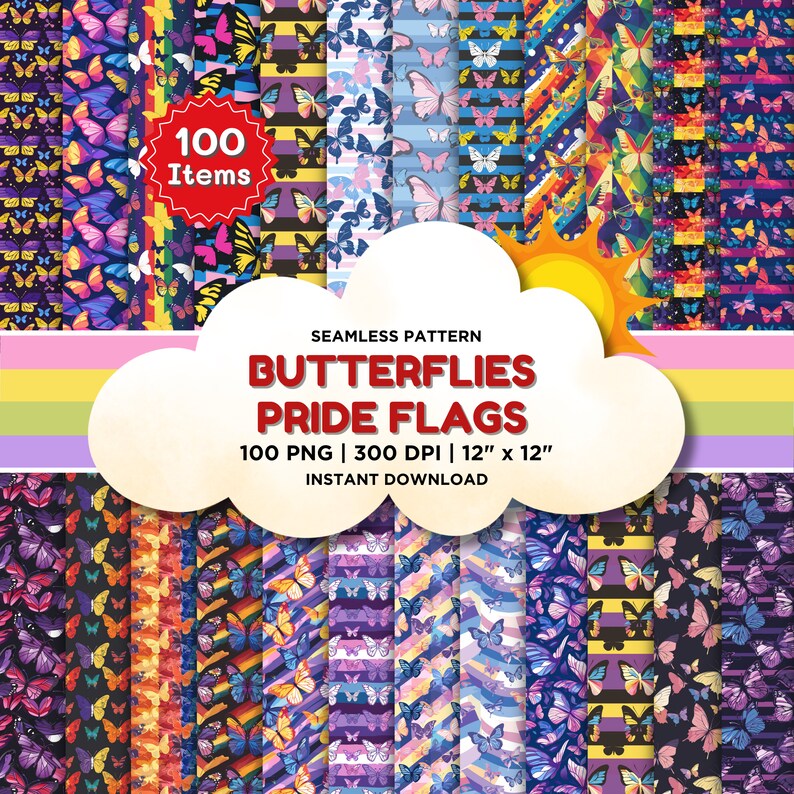 Butterflies Pride Flags Seamless Pattern, Pride Month Digital Paper LGBTQ+ Flag Background ...
