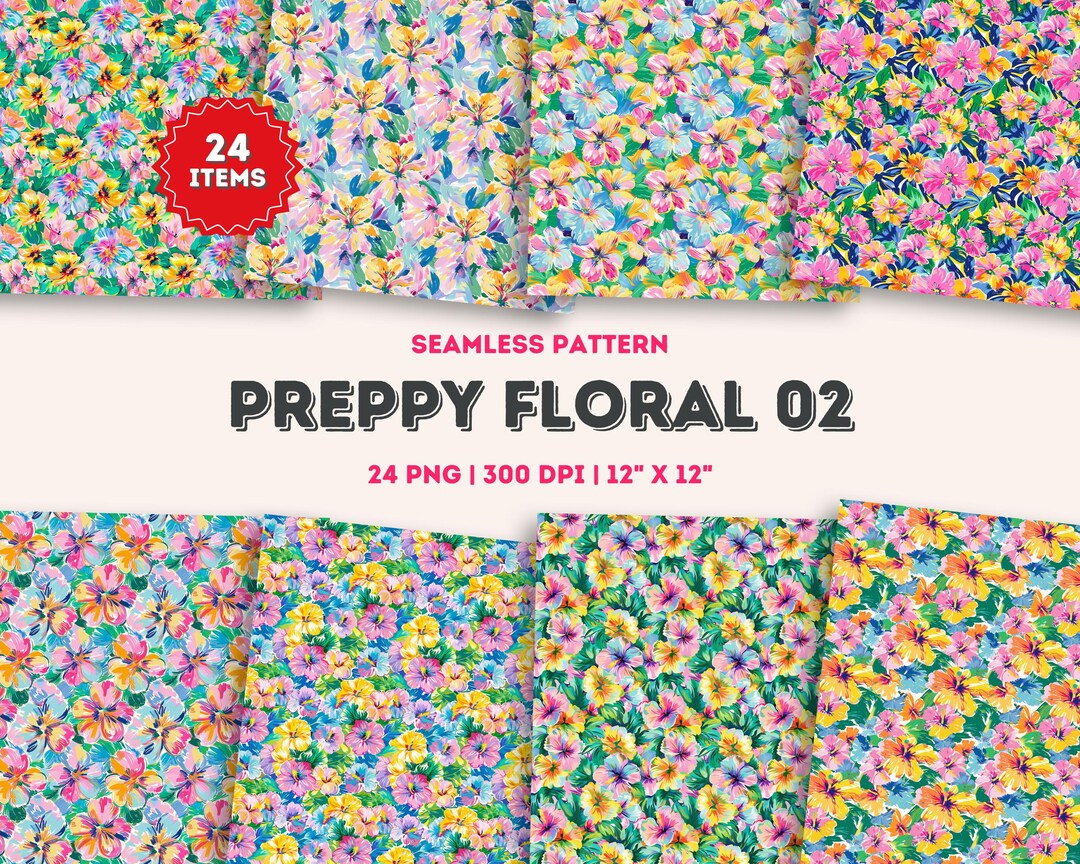 Tropical Preppy Floral Seamless Pattern, Preppy Flower Digital Paper ...